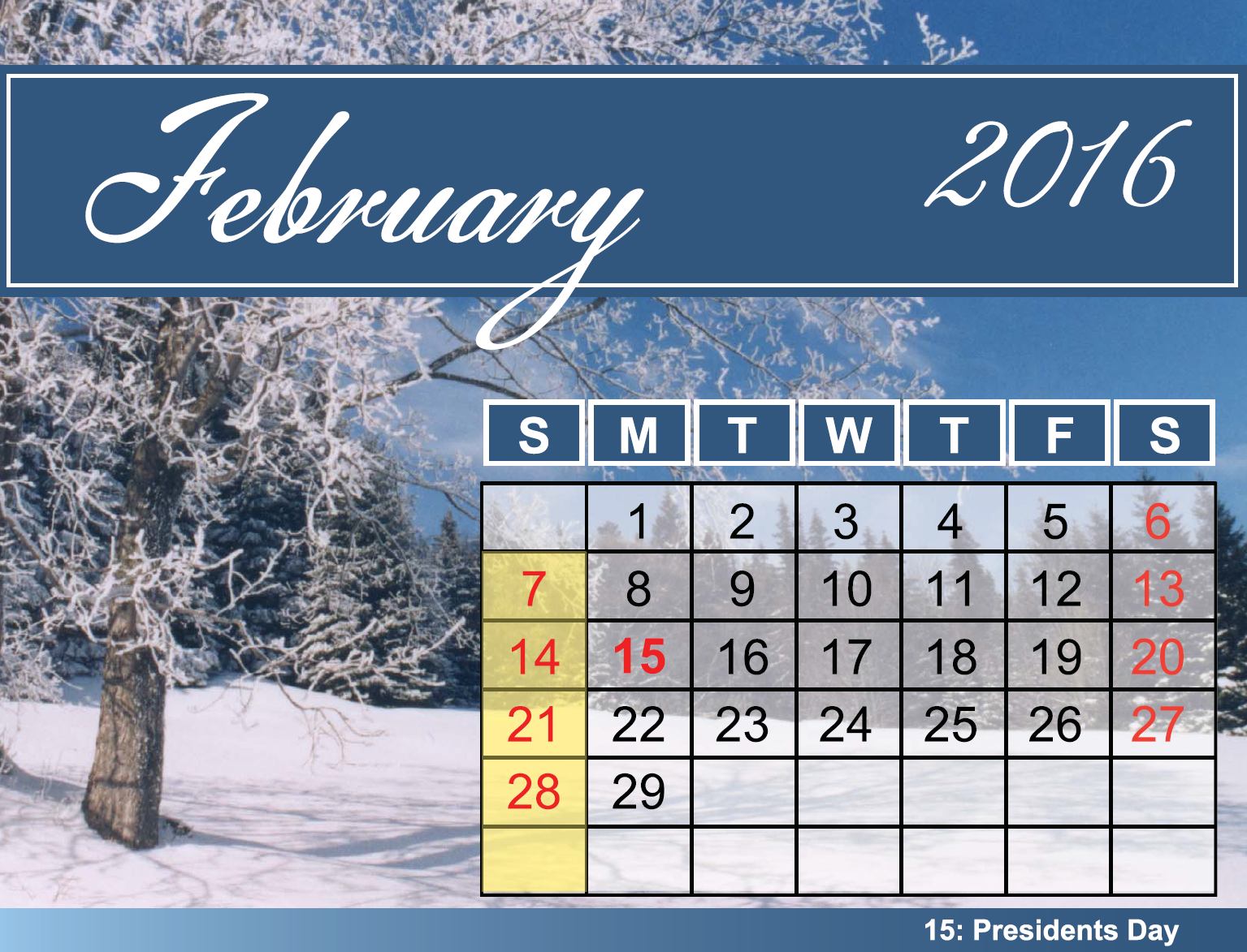 February 2016 Calendar Windows