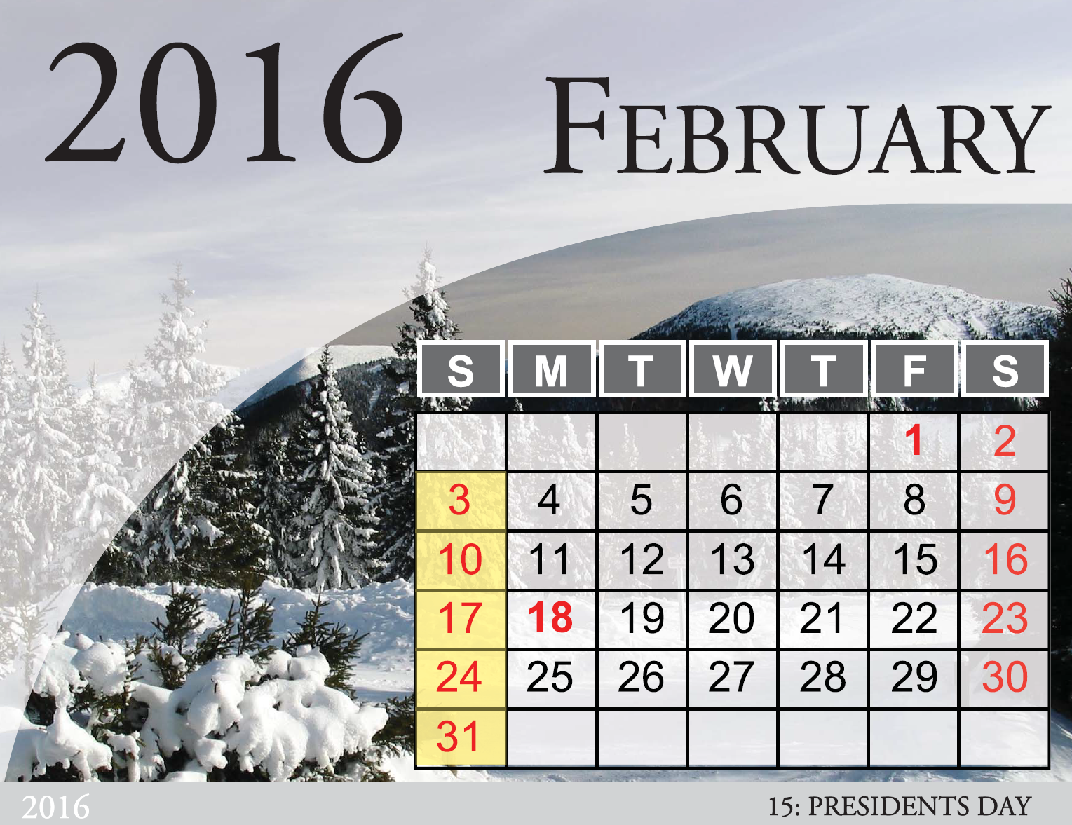February 2016 Calendar Windows