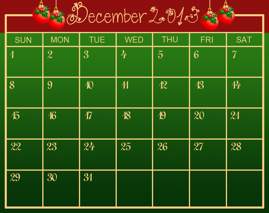 December Green Printable Calendar Template