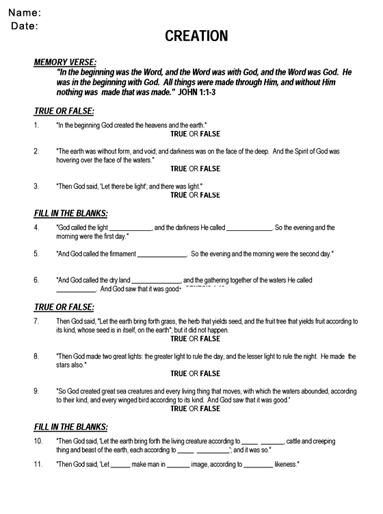 Printable Creation Questions Church Worksheets