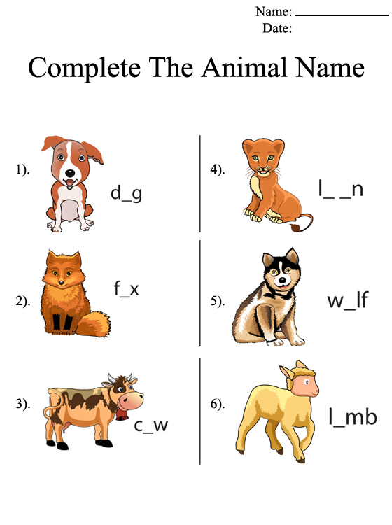 Animal Names Printable Worksheets