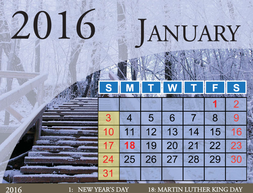 January 2016 Snowy Calendar